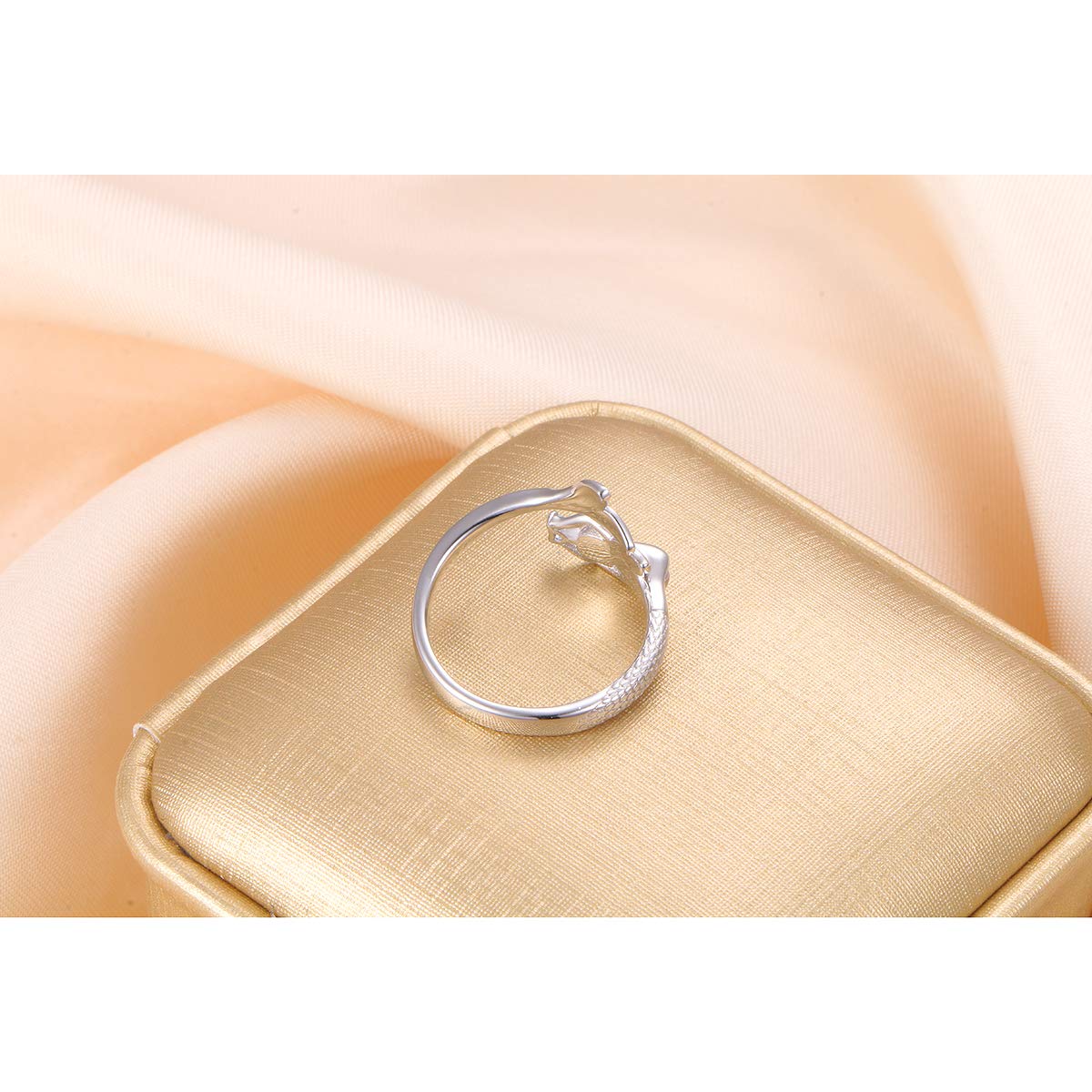 Ladytree S925 Sterling Sliver Mermaid Tail Ring Cubic Zirconia Heart Open Expandable Ring for Women,Size 7…