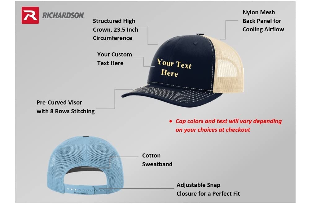 Richardson Garment Washed Relaxed Soft Crown Mesh Back Trucker Hat with Custom Personalized Text Front & Back 111 (Black/Khaki)