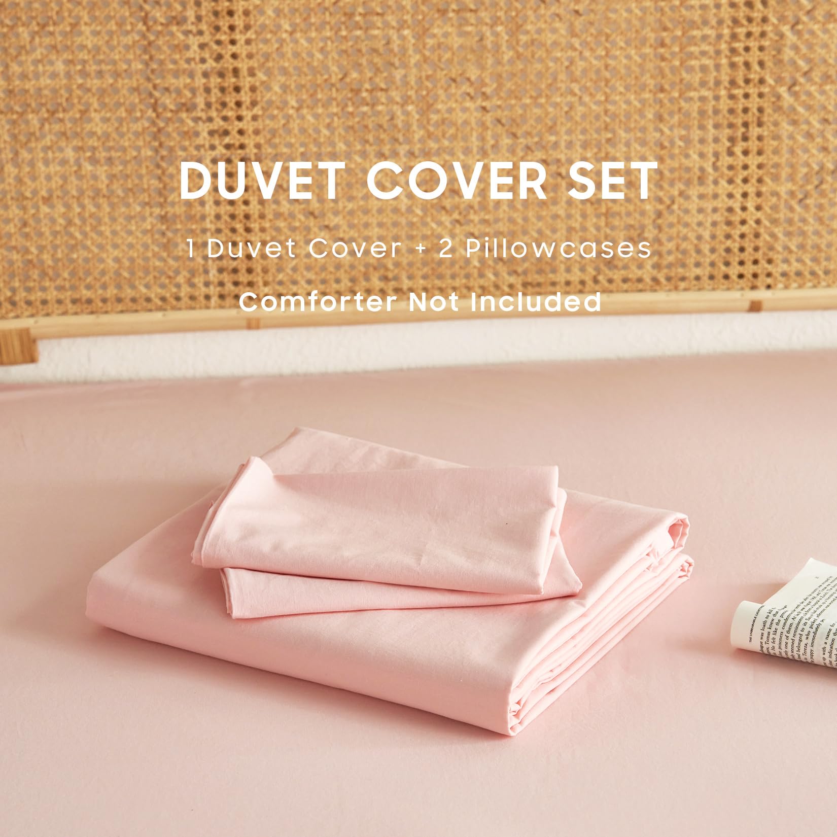 Wake In Cloud - Cotton Duvet Cover Set, Full Size, Light Blush Pink, 100% Washed Cotton, Linen Like Textured, Breathable Percale Durable Comfy Farmhouse Neutral Bedding Set, 3 Pieces