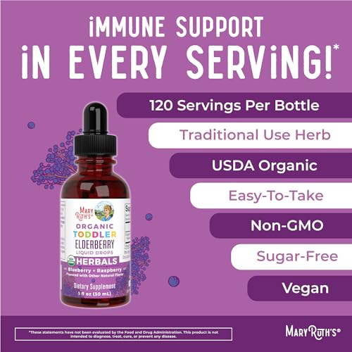 MaryRuth's Toddler Elderberry Syrup | USDA Organic Elderberry | Sugar Free Kids Immune Support Supplement for Ages 1-3 Years | Clean Label Project Verified®, Vegan, Non-GMO, Gluten Free | 1 Fl Oz
