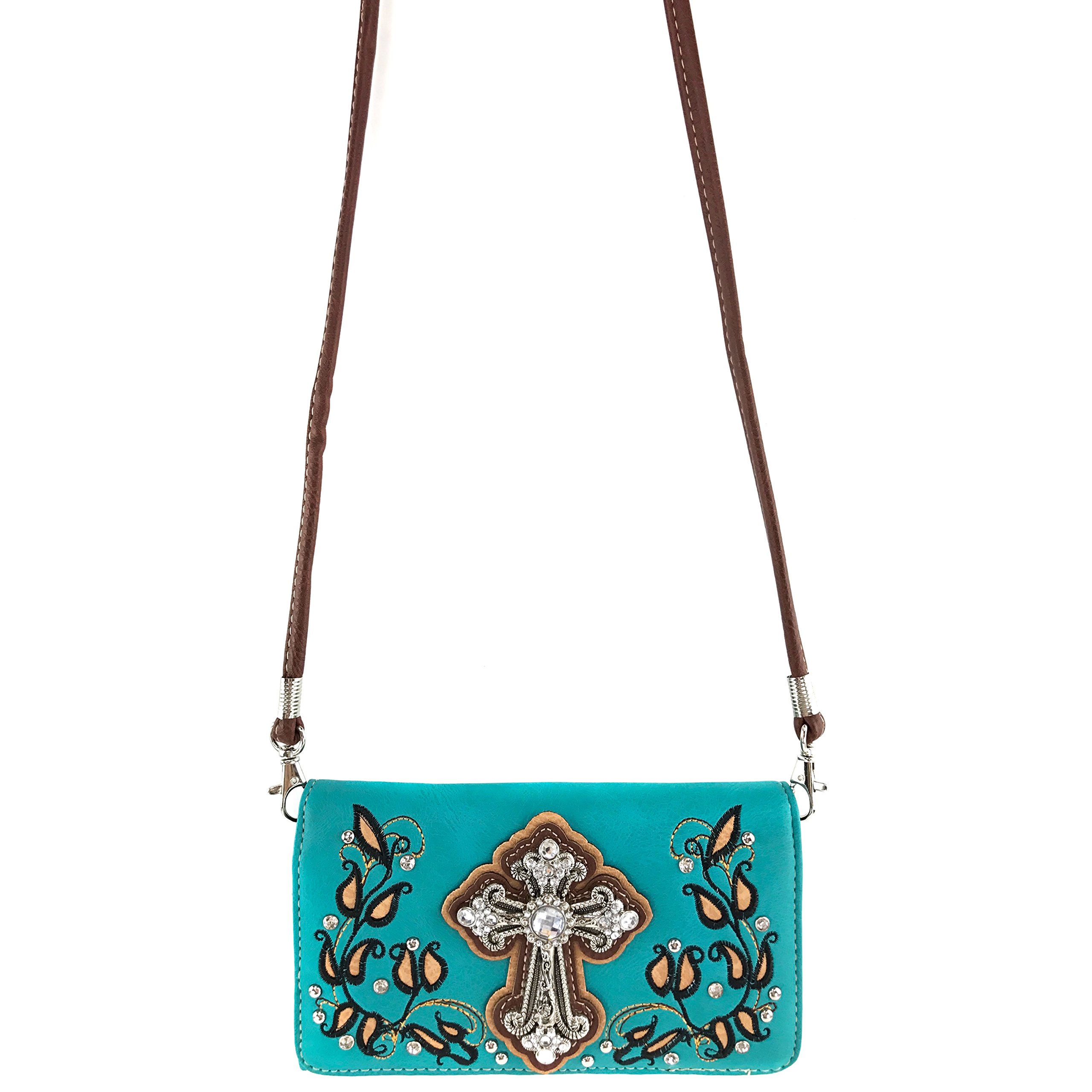Justin West Western Floral Rhinestone Side Pocket Cross Slim Handle Handbag Purse Tote and Strap Wallet (Turquoise Wallet Only)