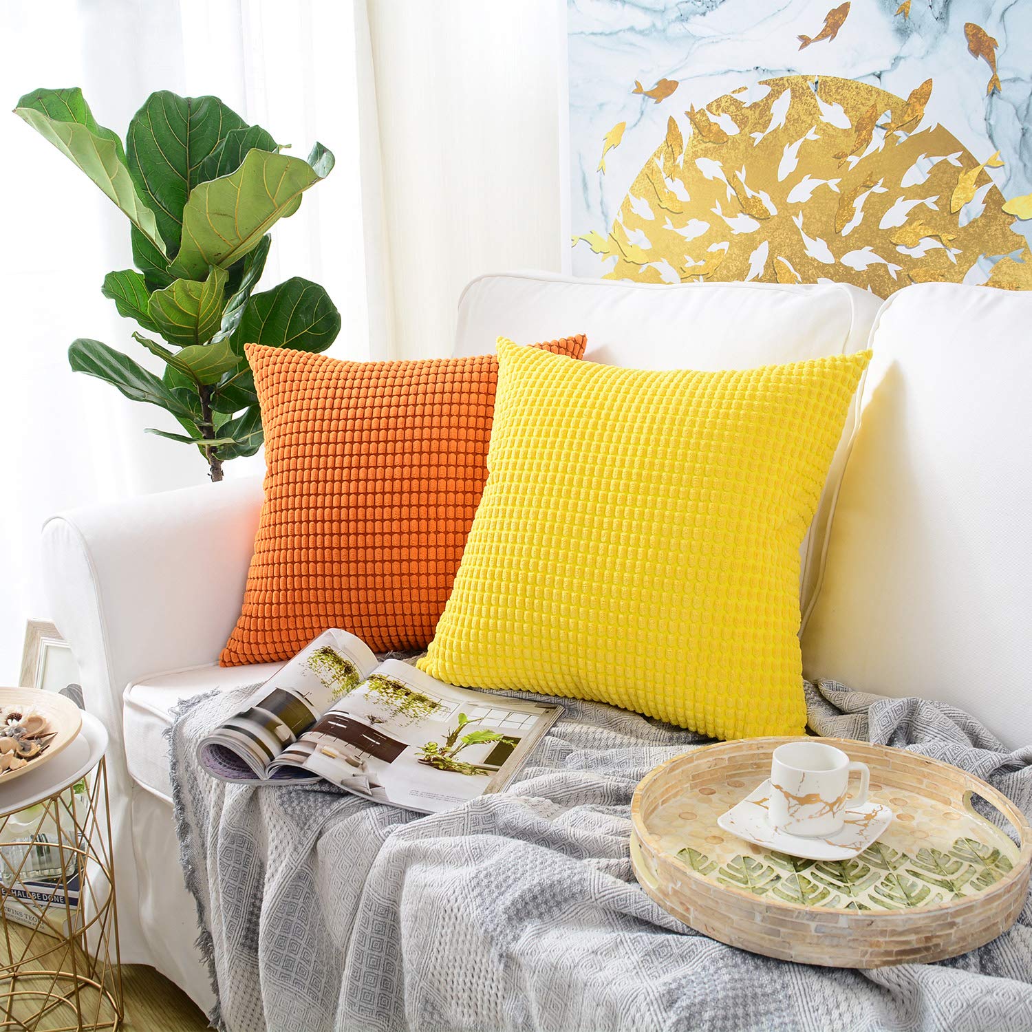 MERNETTE Pack of 2, Corduroy Soft Decorative Square Throw Pillow Cover Cushion Covers Pillowcase, Home Decor Decorations for Sofa Couch Bed Chair 18x18 Inch/45x45 cm (Granules Orange)