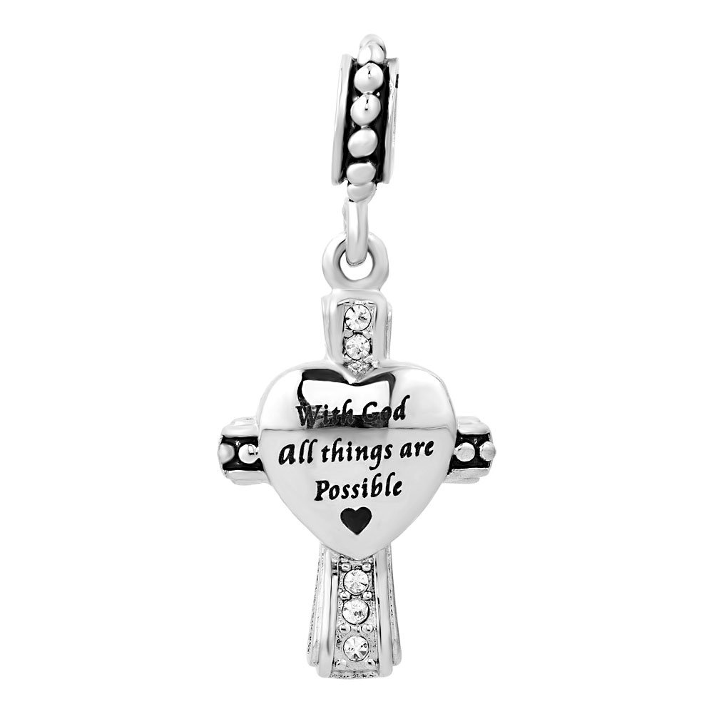 LovelyCharms Cross Charm With God All things are Possible Religious Dangle Bead Fits European Bracelets (Cross Heart)