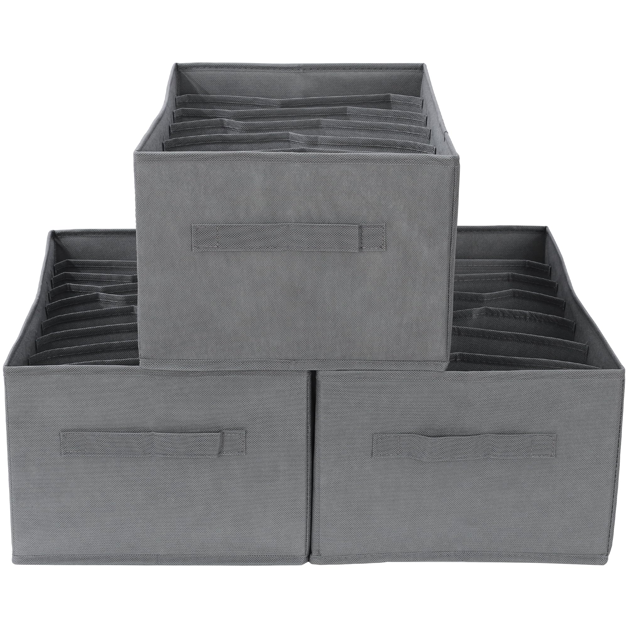 Large Wardrobe Clothes Organizer and Storage Box with Handles, 3 Pcs 22 Grids Stackable Bins for Clothing, Jeans, Pants, Sweater Storage - Stylish Dark Grey Solution for an Organized Closet.