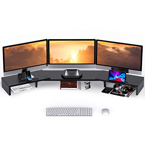 LORYERGO Triple Monitor Stand, 52 Inch Long Large Monitor Riser with 2 Slots for Phone & Tablet, Length and Angle Adjustable Computer Stand, Desktop Stand for Computer, Screen, Tablet, Printer