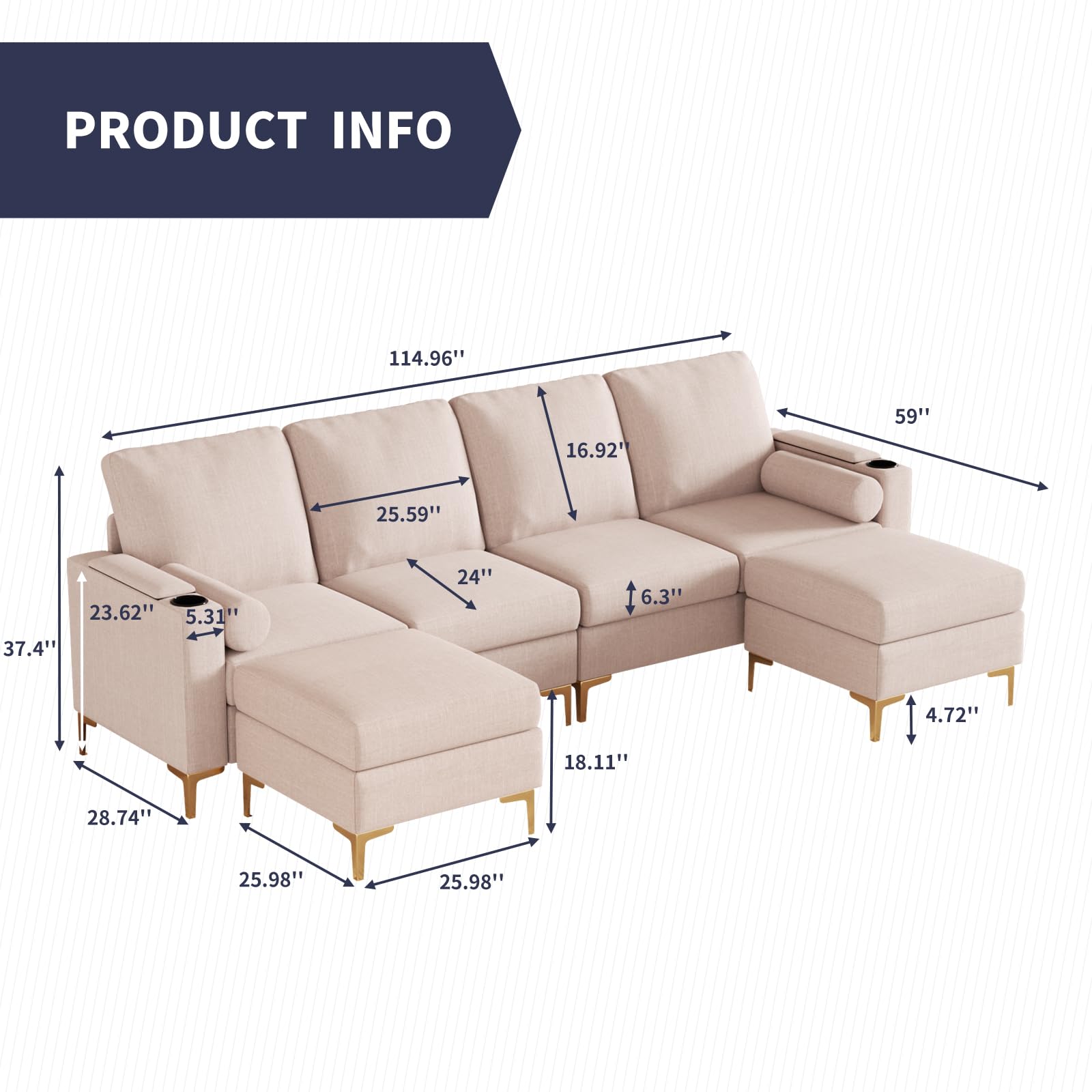 ZAFLY Convertible U-Shaped Sofa, Modern Modular Sectional Sofa Couch Set with Removable Ottoman and Armrest, Stylish Living Room Couches with Cup Holders, 115 Inch - Dark Grey