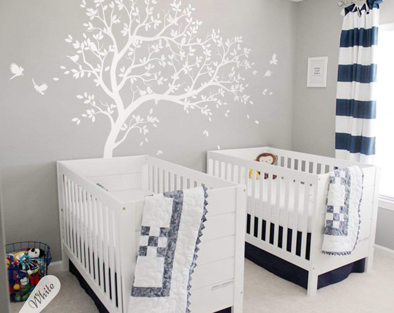 Large Tree Wall Decals Nursery Tree Stickers with Birds Stunning Tree Wall Art Mural Vinyl Wall Decor KW032 (Leaning Right, White)