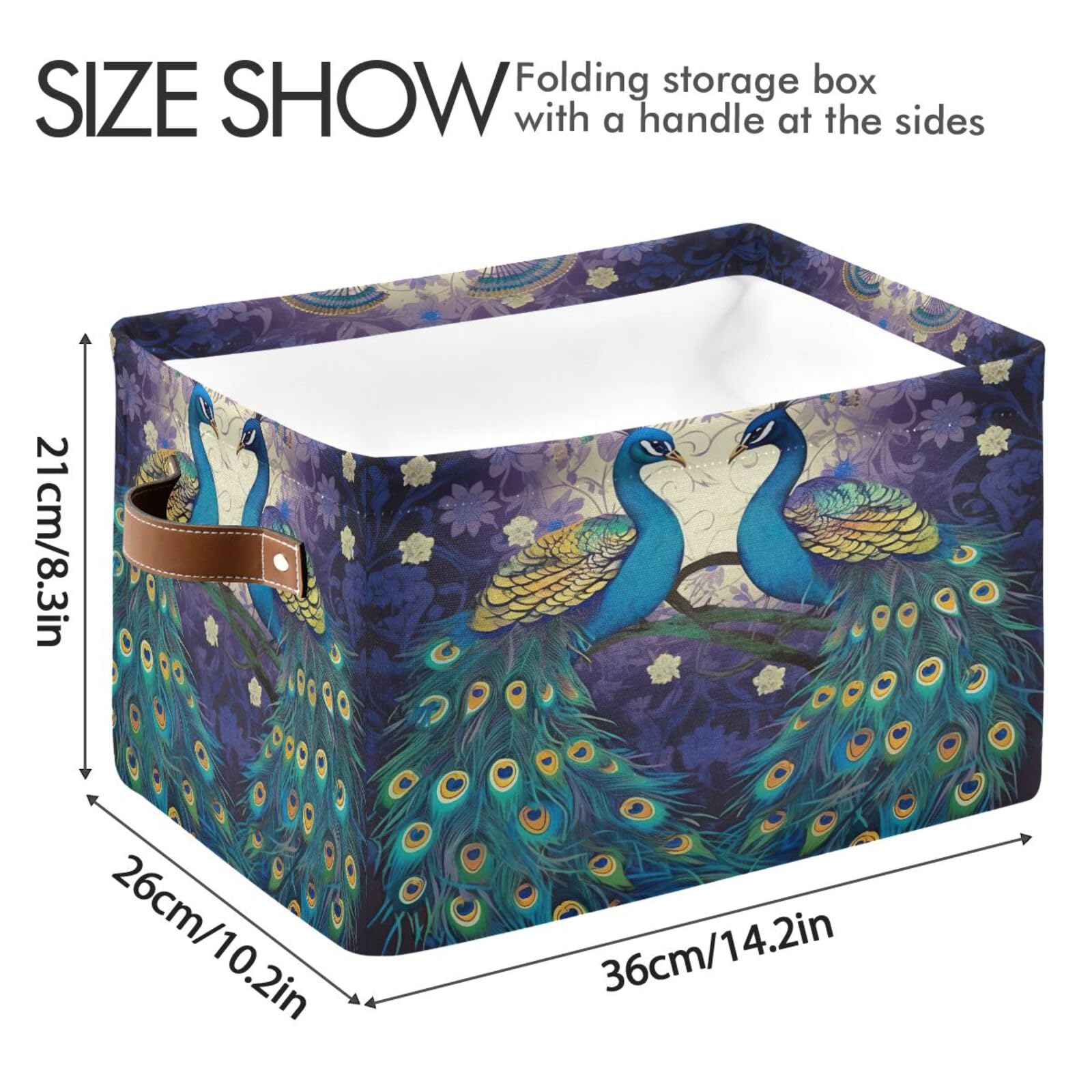 xigua Peacocks Pattern Storage Bins Foldable Canvas Fabric Storage Basket with Handles for Organizing, Large Storage Baskets for Shelves Closet