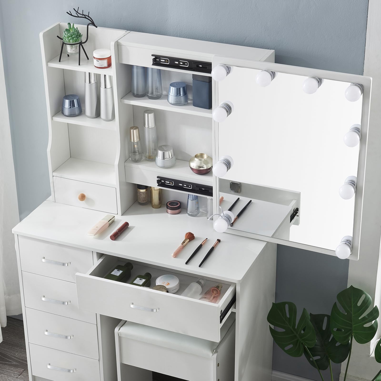 Kkonetoy White Modern Makeup Vanity Desk with Lights and Mirror, Vanity Dressing Table with Cushioned Stool, Makeup Vanity Table Set with Drawers for Girls Bedroom
