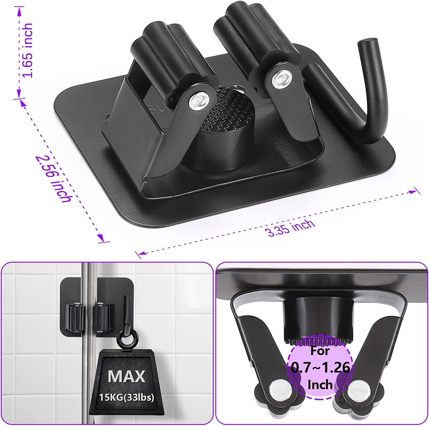 Wall Mounted Broom Holder, Mop Rack Self-Adhesive, Sturdy Heavy Duty Stainless Steel Mop Rack, No Holes, Perfect Organizer for Kitchen Garage Garden Storage System, 4pc (Black and Silver) (Black)