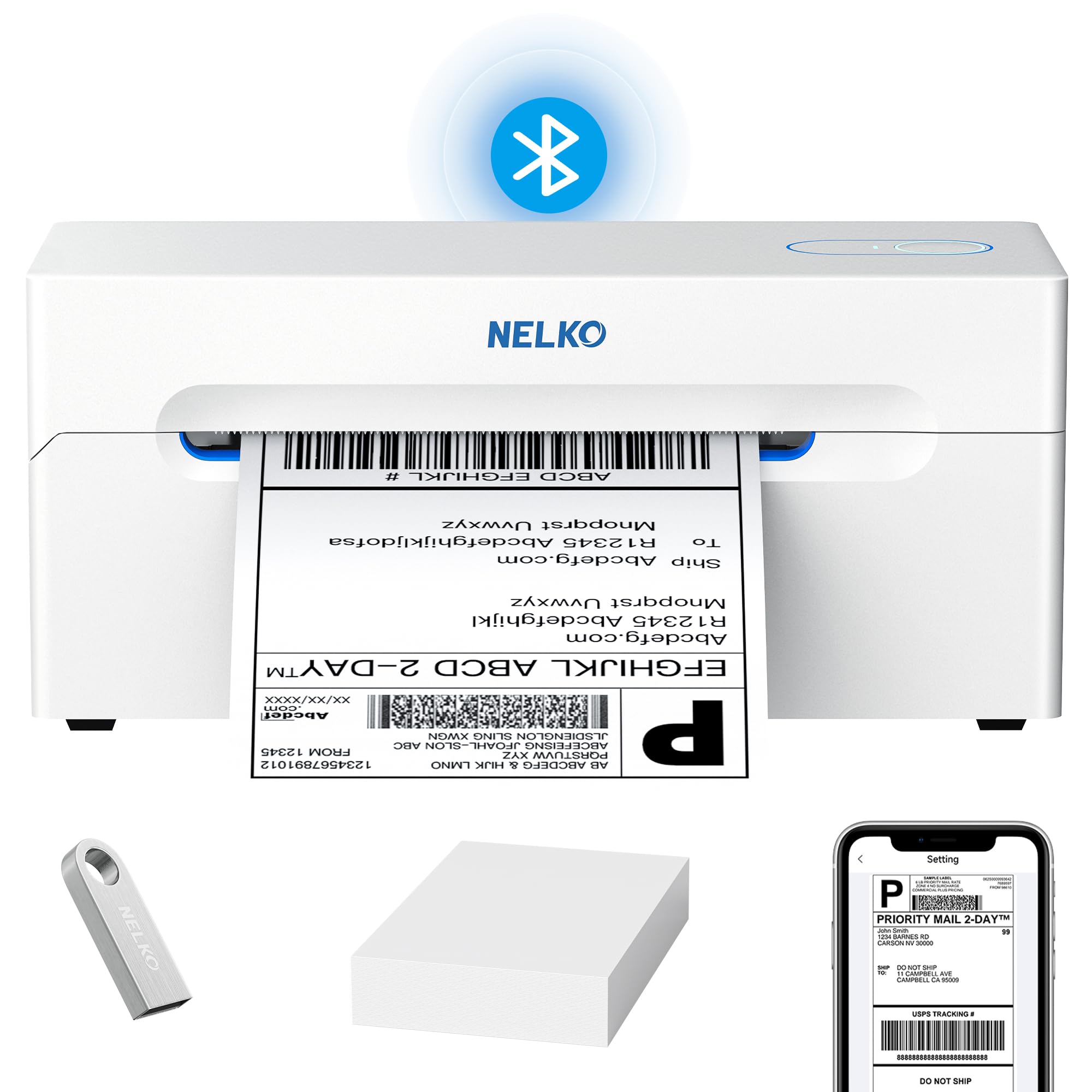 Nelko Bluetooth Thermal Shipping Label Printer, Wireless 4x6 Shipping Label Printer for Small Business, Support Android, iPhone and Windows, Widely Used for Amazon, Ebay, Shopify, Etsy, USPS (White)