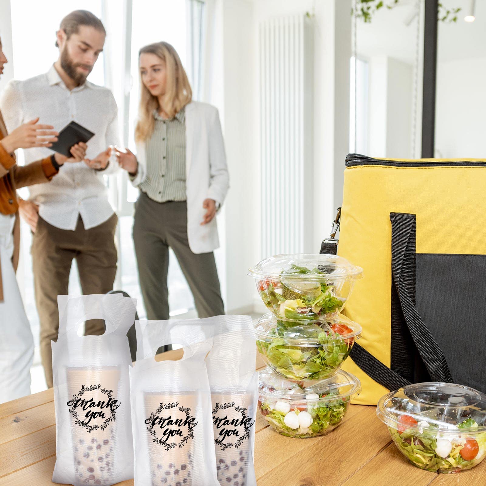 Kisston 1000 Pcs Drink Carrier for Delivery, Plastic Drinking Carrier Bags Thank You Clear Handle Drink Poly Bags Drink Bags Bulk Cup Carrier for Coffee Tea Beverage Juice (Hold 1 Cup)