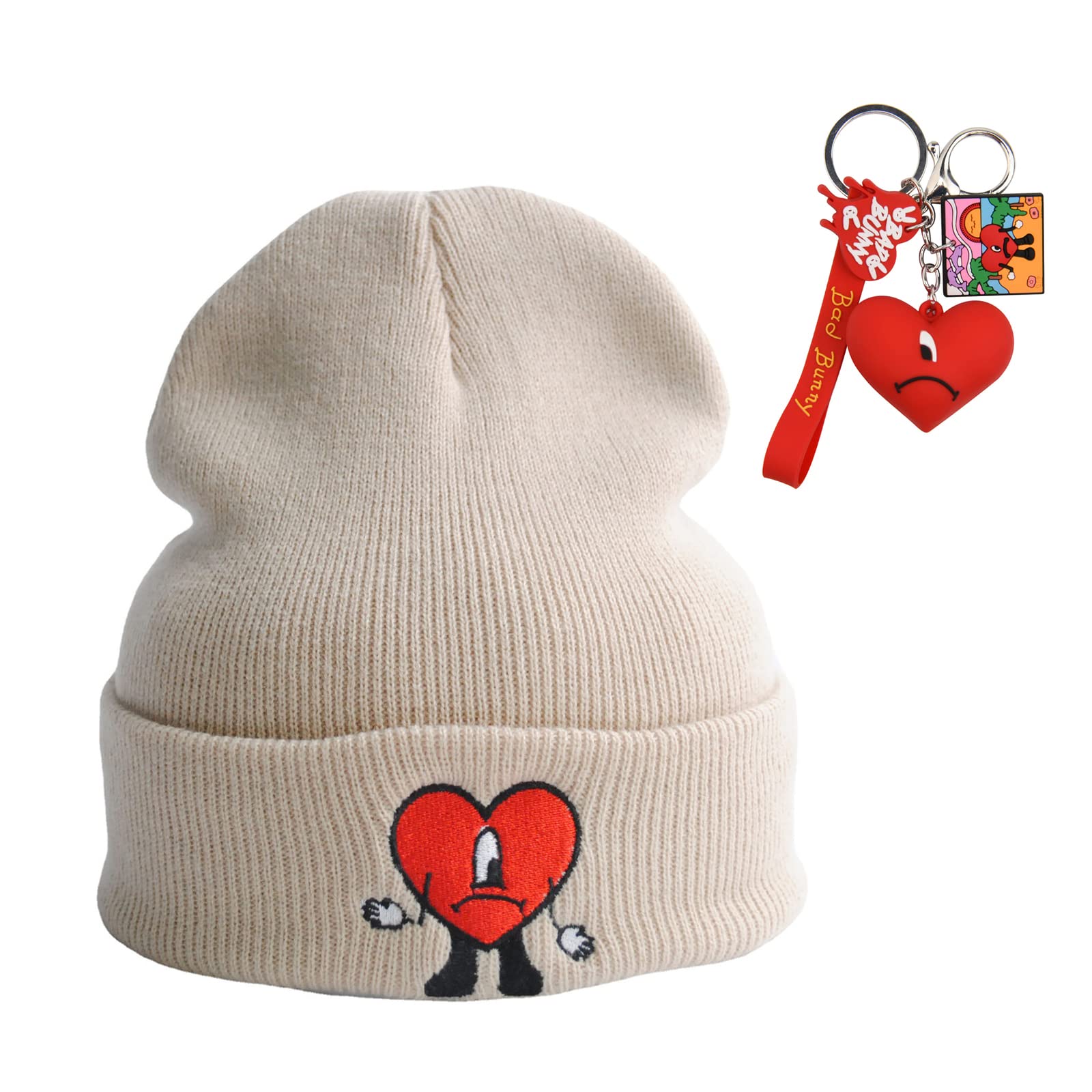 ROBBLLOXXR Beanies Hat Embroidery Knit Hat Winter Skull Hat Hedging Cap with Heart Keychain Beige