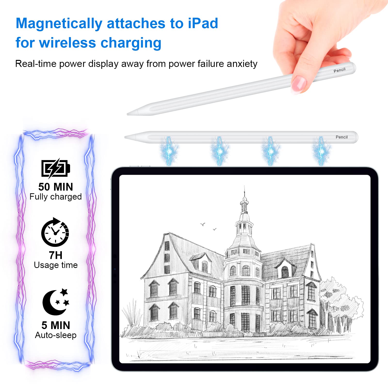 Stylus Pens Touch Screens for iPad, Palm Rejection, Wireless Pairing and Charging, Attaches Magnetically, Compatible with 2018-2022 Ipad Pro 11"/12.9", Ipad 10/9/8/7/6, Ipad Mini 6, Ipad Air 4/5/6