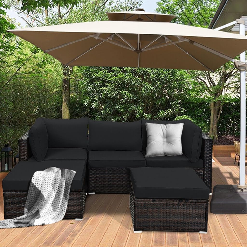 LIUJUN 5PCS Patio Rattan Furniture Set Sectional Conversation Set Ottoman Table Black