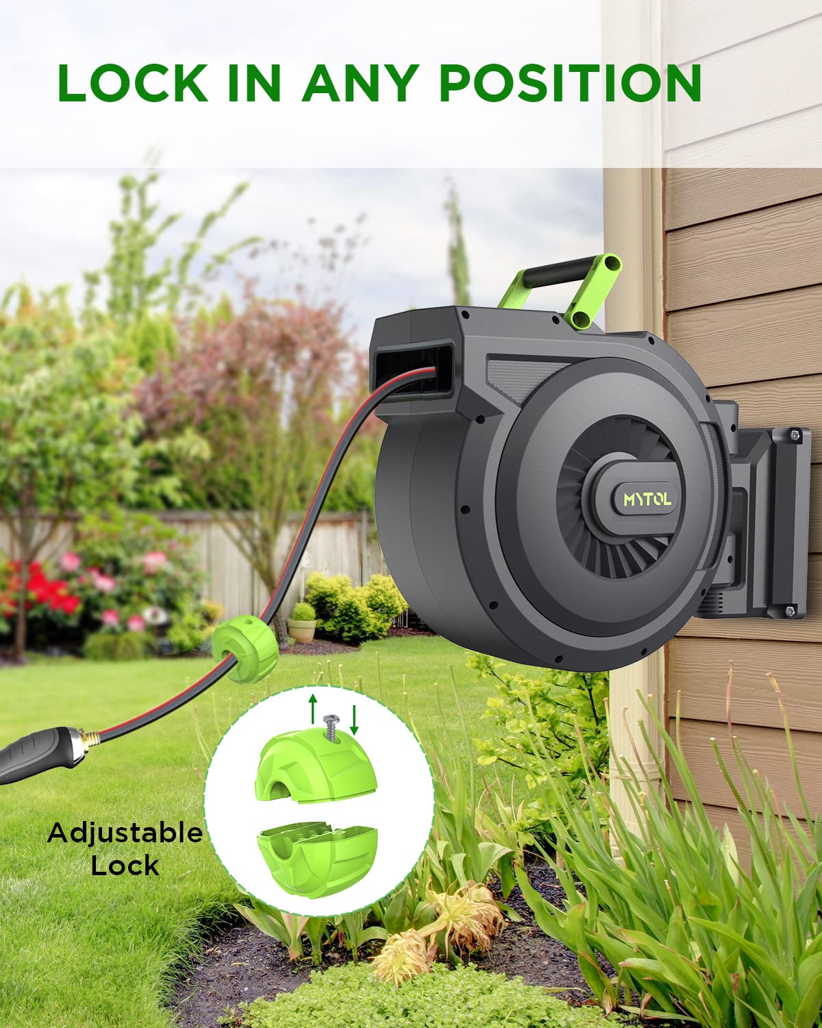 MYTOL Retractable Garden Hose Reel, 5/8 Inch x 82 ft + 6 ft Wall Mounted Water Hose Reel with Auto Slow Rewind System, 10-Pattern Nozzle, Any Length Lock, 180° Swivel Bracket, Ideal for Easy Watering