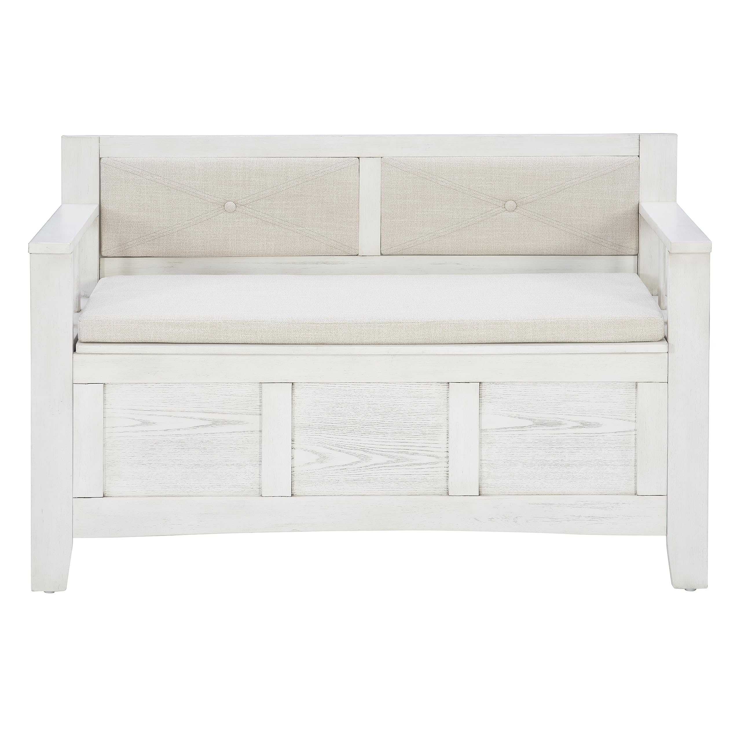 Linon Carlton White Storage Bench with Beige Upholstered Back and Cushioned Seat, Smokey Grey