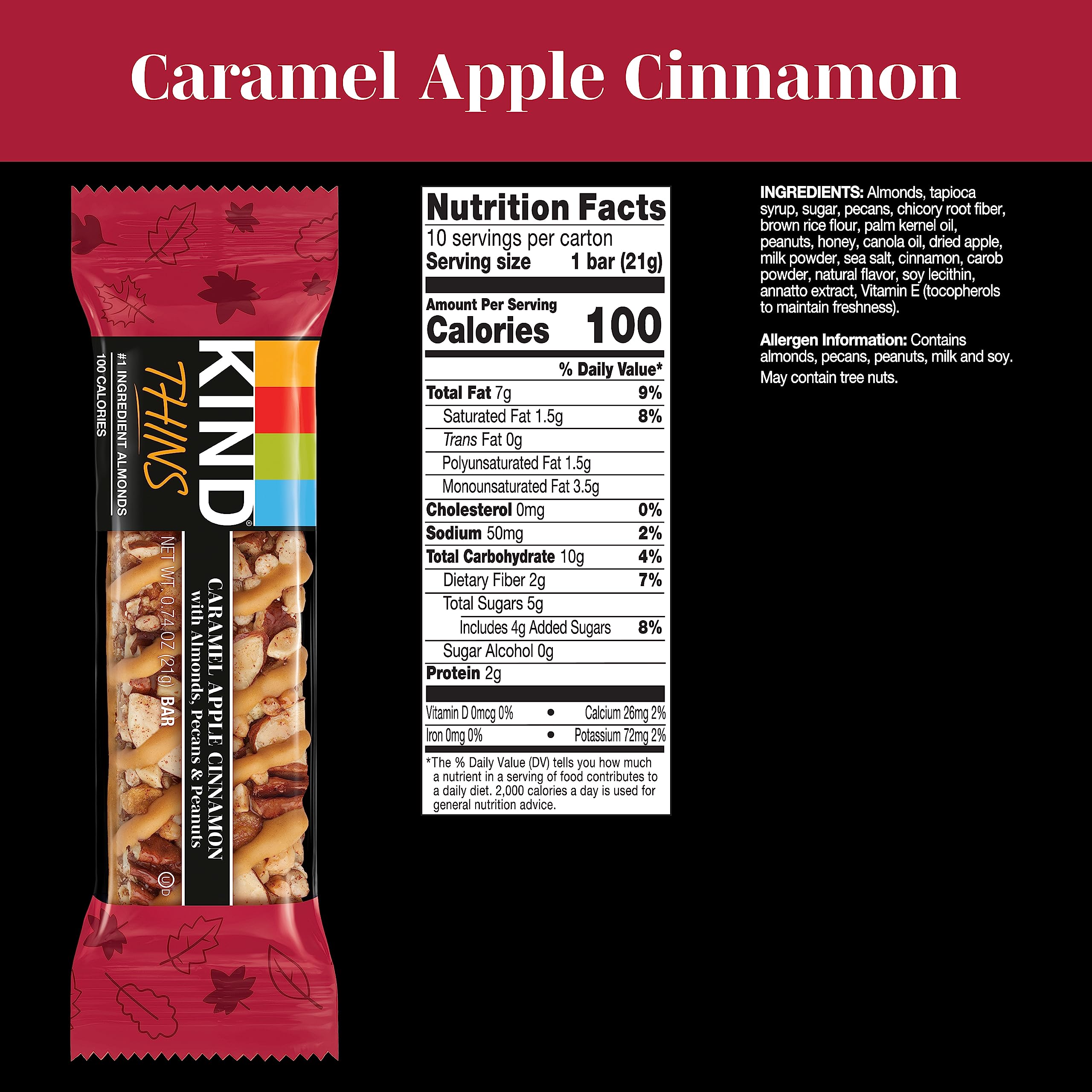 KIND THINS Caramel Apple Cinnamon with Almonds, Pecans, & Peanuts, Gluten Free, 100 Calorie, Healthy Snacks, 10 Bars (Pack of 1)