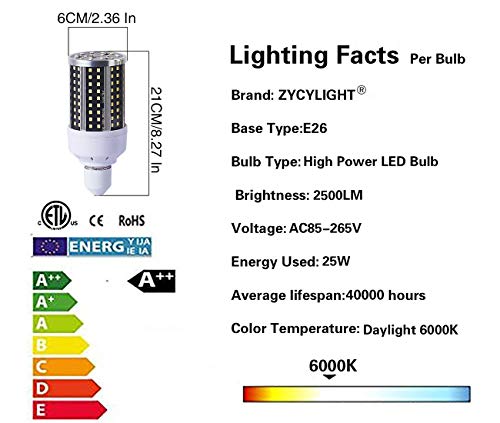 LED Corn Light Bulb, 200 Watt Equivalent LED Bulb, 25W Led Corn Light Bulb, Daylight 6000K, 2000LM E26 / E27 Base, Not-Dimmable,for Photo Light,Warehouse,Garage Lighting, Barn, Patio, etc. 2 Pack