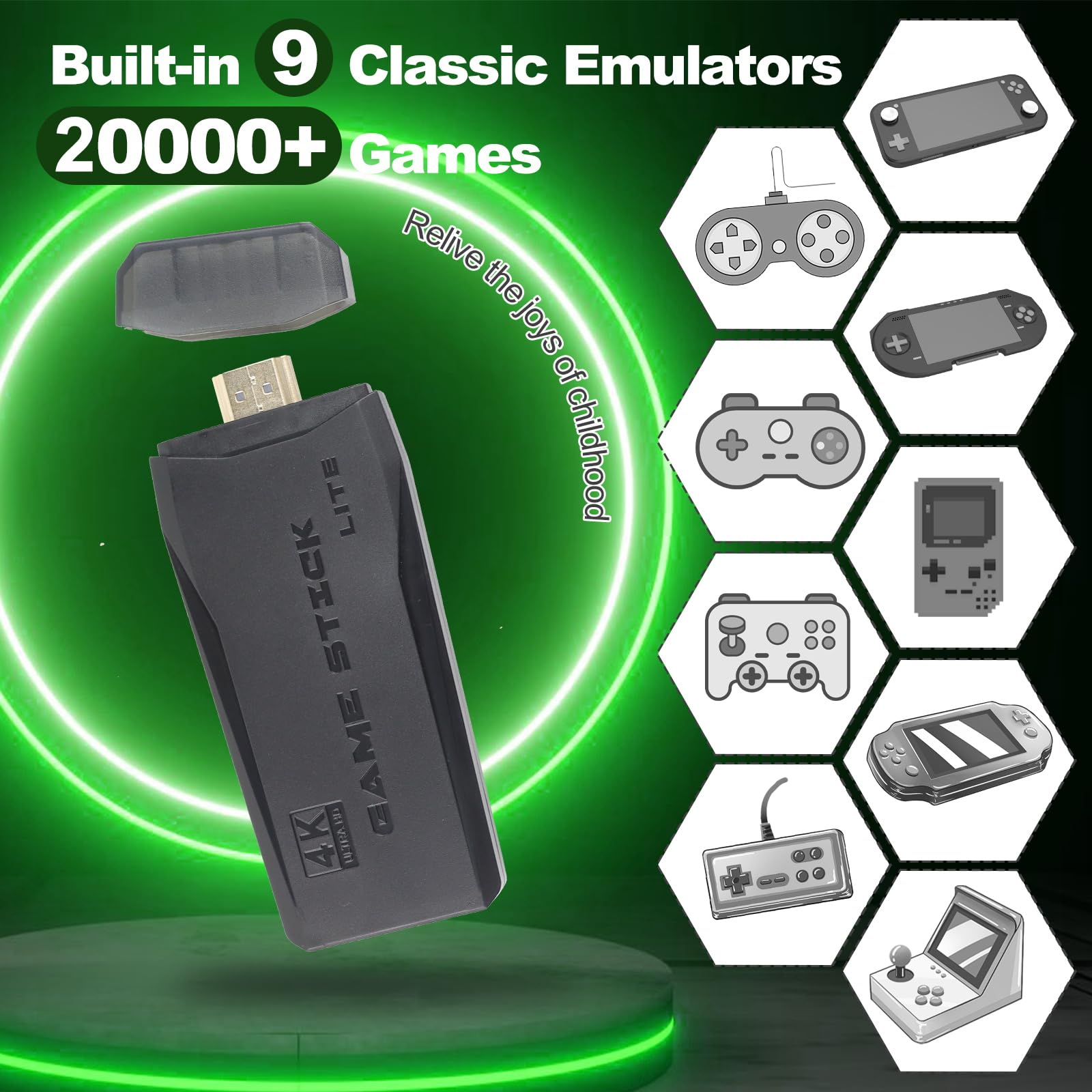 liuwei Retro Game Stick - Revisit Classic Games with Built-in 9 Emulators, 20,000+ Games, 4K HDMI Output, and 2.4GHz Wireless Controller for TV Plug and Play, 64G, Black