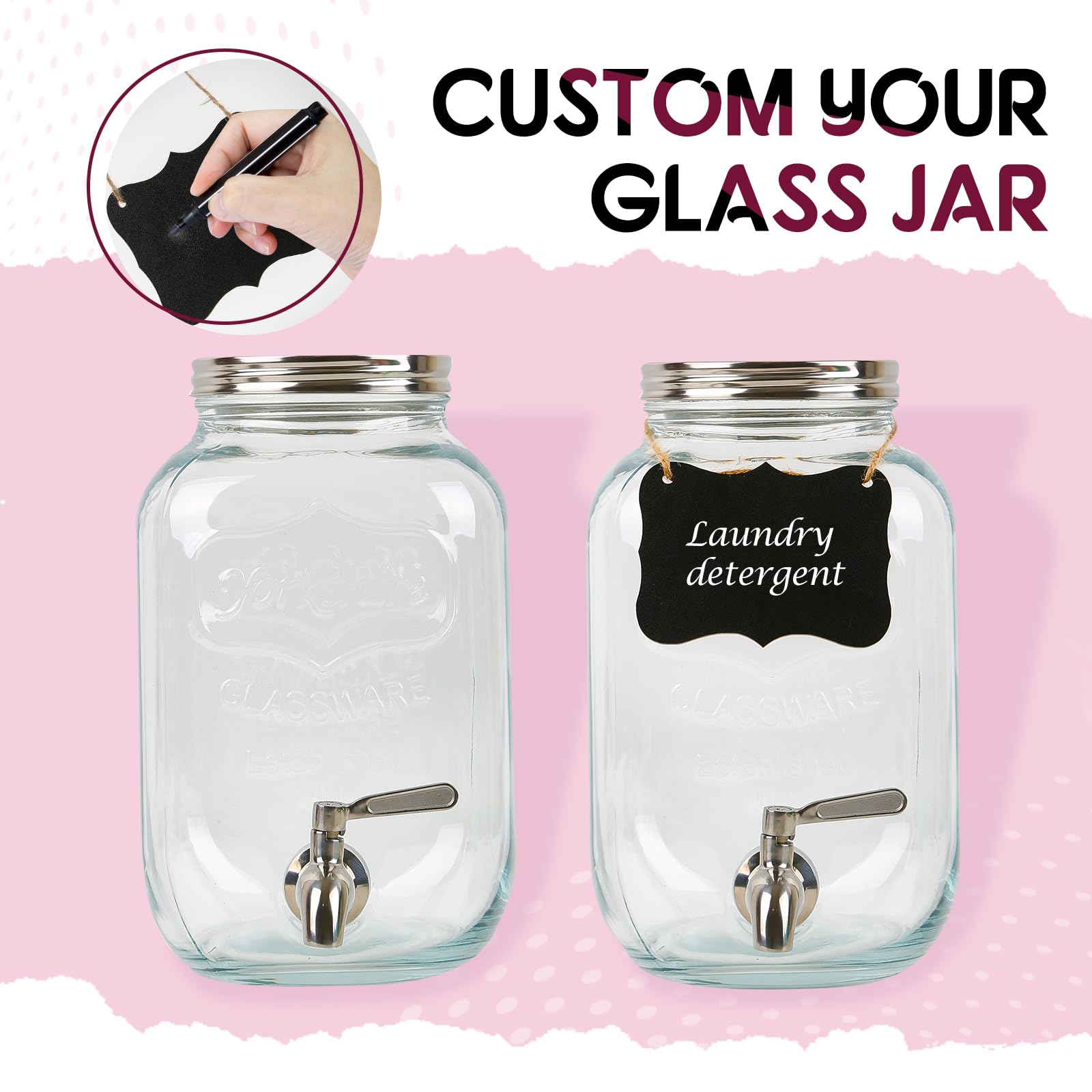 Liquid Laundry Detergent Dispenser - 1 Gallon Decorative Fabric Softener Laundry Soap Dispenser Glass Jar with Stainless Steel Stand, Non Slip Pad, Measuring Cup, Chalkboards