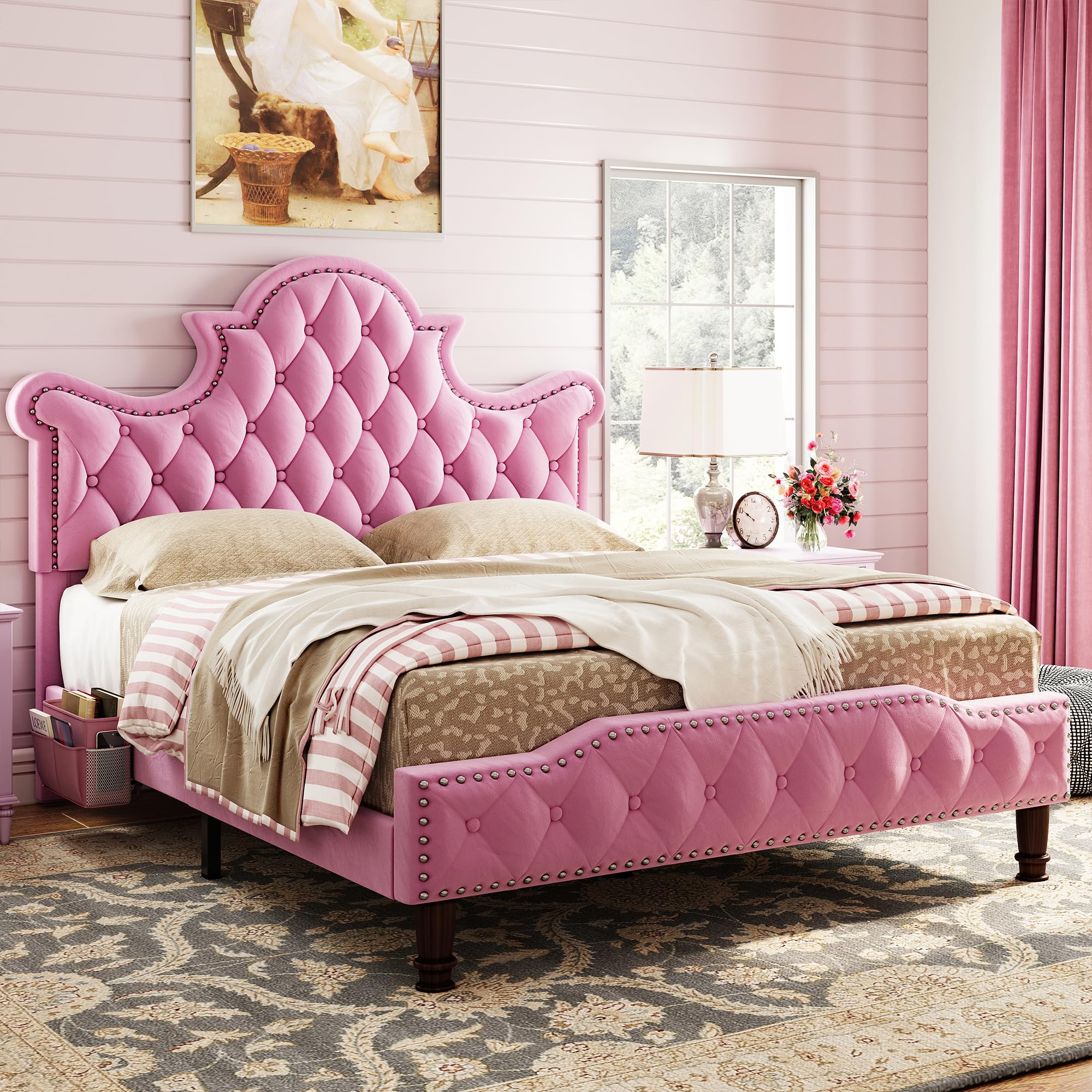 LIKIMIO Queen Size LED Bed Frame, Camas Queen with 58" Tall Tufted Headboard, Sturdy and Noiseless, No Box Spring Required, Pink