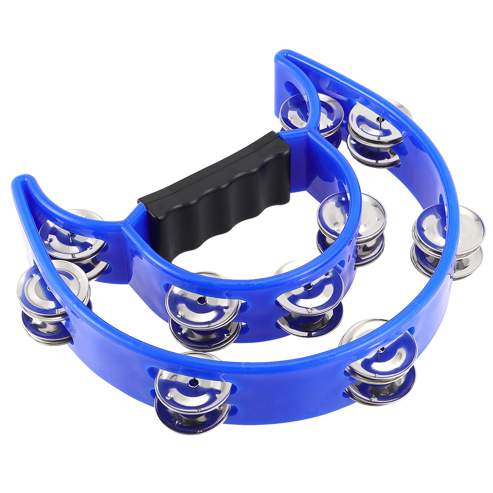 MUKLEI 4 Pack 9 Inch Double Row Tambourine, Metal Jingles Hand Held Percussion with Ergonomic Handle, Half Moon Tambourine for Gift, KTV, Party, 4 Colors