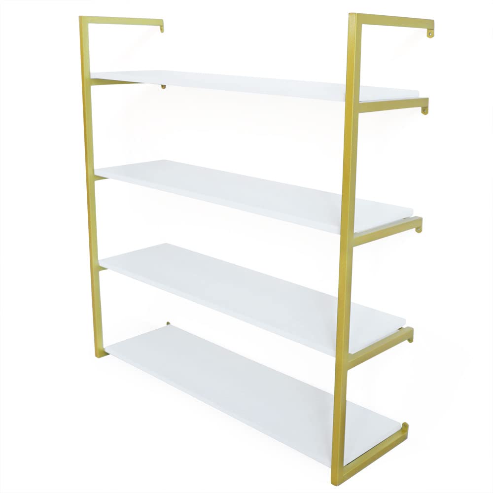Wall Mounted Floating Shelves 4 Tier Wood Wall Shelves Bookshelf with Golden Metal Brackets-White Wood Shelves Set for Living Room Office Bedroom Kitchen