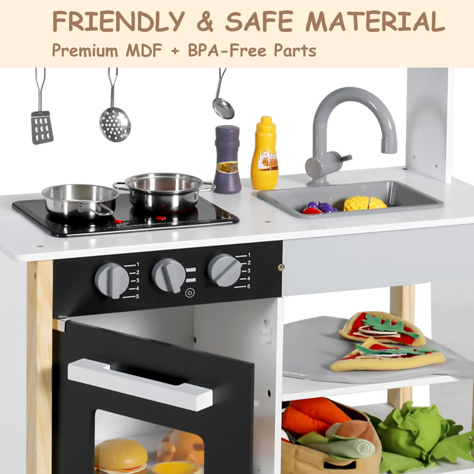Kinder King Wooden Kids Play Kitchen, Toy Kitchen Playset for Toddler, Pretend Oven with Light & Sound, Interactive Door, Microwave, Knobs, Realistic Kitchen Set for Boys Girls Age 3+, Black