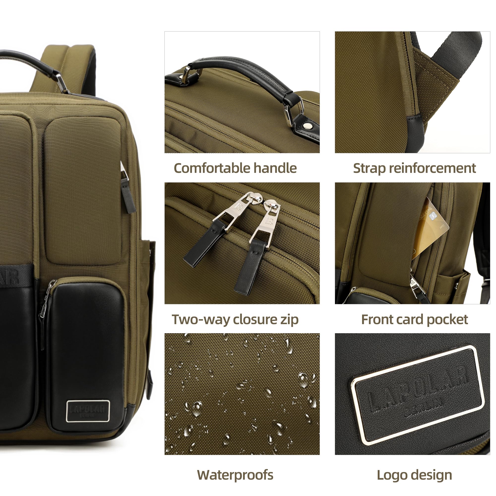 LAPOLAR 15.6 Inch Carry on Backpack, Outdoor Travel Laptop Backpack, Multifunctional Daily Business Computer Backpack Durable Water Backpack (Army green)