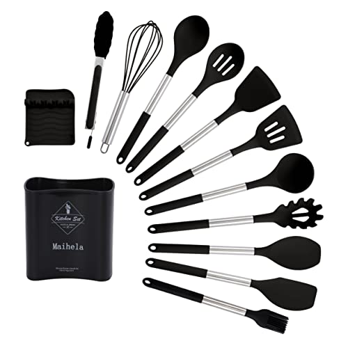 Kitchen Cooking Utensils Set, Non-Stick Silicone Essential Kitchen Accessories, 13 piece Cookware Gadgets with Spatulas, Spoons, Soup Ladle, whisk, Tongs, Pasta Server, Egg Brush (Black)