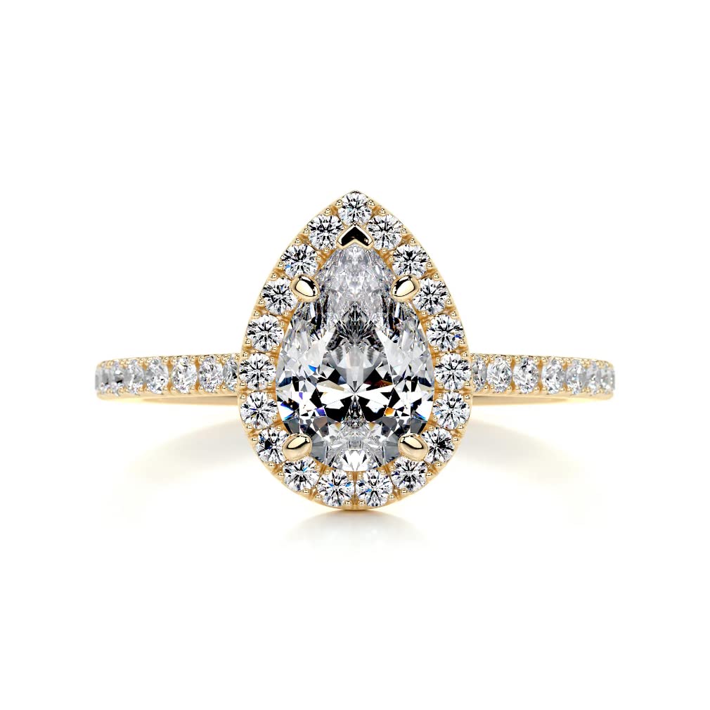 Solid Gold Handmade Engagement Ring 3 CT Pear Cut Moissanite Diamond Halo Bridal Wedding Rings for Anniversary Propose Gift (14K Solid Yellow Gold)