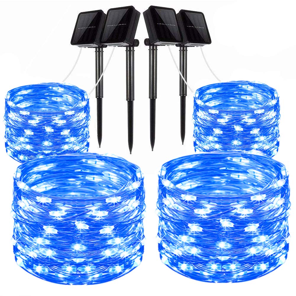 LiyuanQ Solar String Lights, 4 Pack 100 LED Solar Fairy Lights 33 Feet 8 Modes Silver Wire Lights Waterproof Outdoor String Lights for Garden Patio Gate Yard Party Wedding Bedroom Christmas Decor Blue