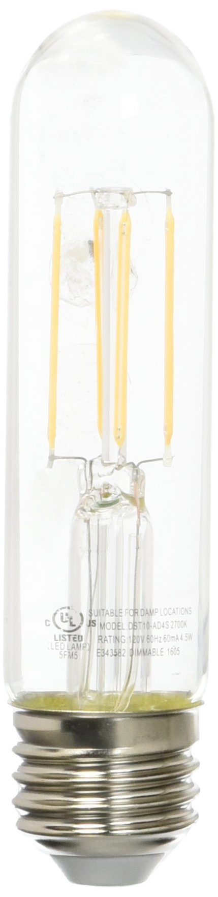 LED2020 LED T10 Filament Light Bulb, 120VAC, Soft White (2700K), 4.5W to Replace 60W Incandescent Bulbs, E26 Base, Dimmable, Clear Bulb, UL Certified