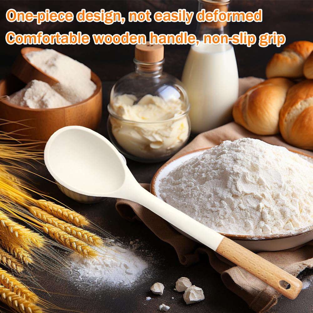 Large Silicone Cooking Spoons, Nonstick Solid Wooden Handle Kitchen Spoons, Heat Resistant Silicone Rubber Spoonula for Cooking, Serving, Basting, Mixing Tool, 13.2inch, Flexible Scraper (Khaki)
