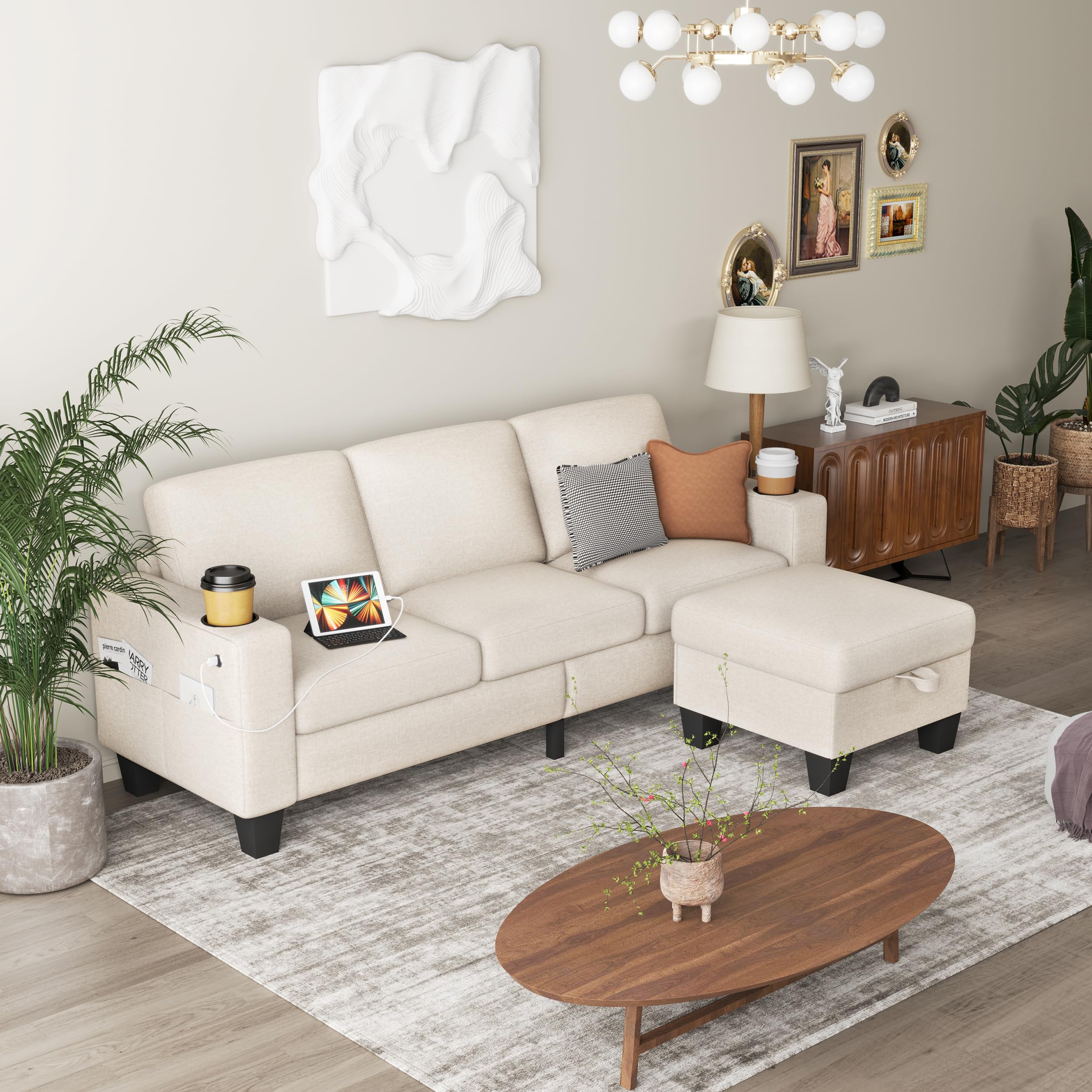 ZeeFu Convertible Sectional Sofa Couch: 3 Seat L-Shaped Small Sectional Sofa Couches with Storage Ottoman - Modern Black Velvet Upholstered Sofa Set for Living Room Office Small Space Apartment
