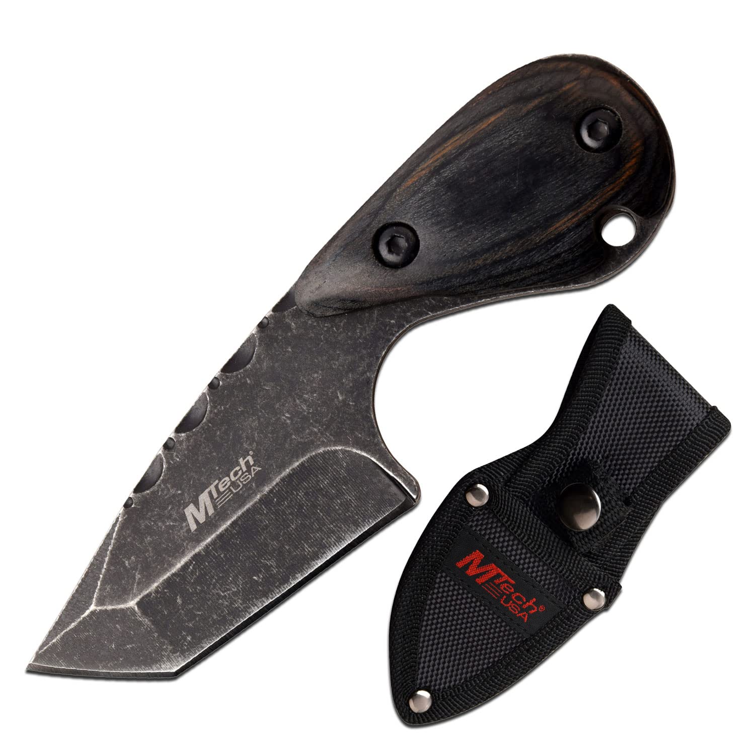 MTECH USA – Fixed Blade Knife – Stonewashed Finish Stainless Steel Tanto Blade with Black Wood Handle, Full Tang, Includes Black Nylon Sheath - Hunting, Camping, Survival, Tactical, EDC – MT-20-90BK