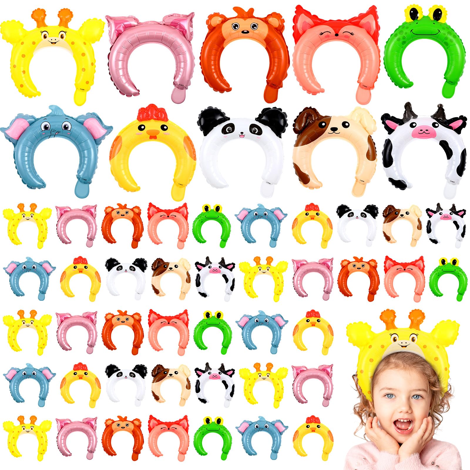 Liliful 200 Pcs Zoo Animal Inflatable Headbands Unicorn Wildlife Safari Balloon Hair Hoop Unicorn Balloon Kit with Pump Inflatable Jungle Animals for Birthday Party Favors Decorations (Cute Animal)