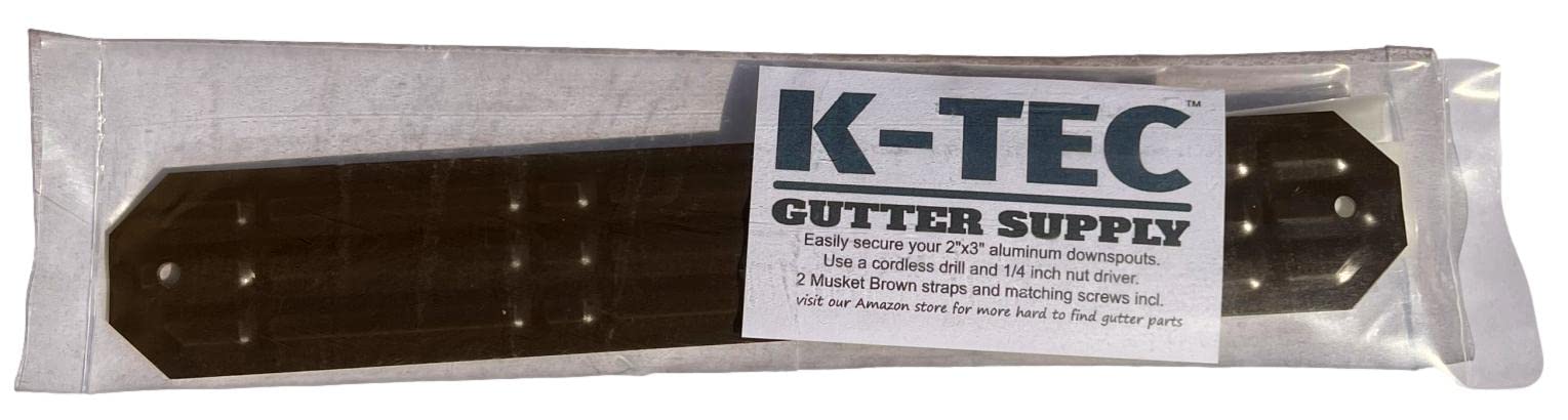 K-TEC (2 Pack) Downspout Strap for 2 inch x 3 inch Aluminum Rain Gutter - Leader Pipe Adapter with Color Matched Screws. Musket Brown Set of 2 for 1 Downspout.