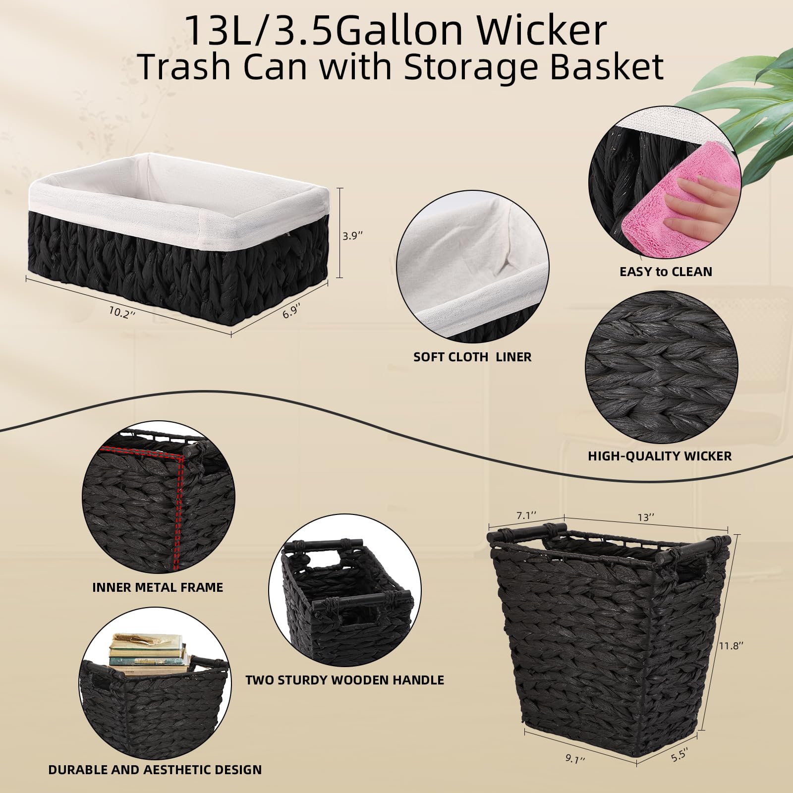 XLHOMO Wicker Storage Basket 3.5Gallon Wicker Trash Can, Waterproof Wicker Basket Handwoven Brown Wicker Basket Narrow Small Trash Can with Wicker Storage Basket for Bathroom, Bedroom, Office