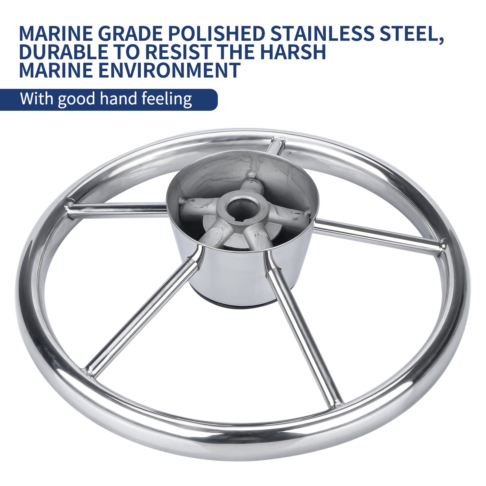 Marinebabay Stainless Boat Steering Wheel, 5-Spoke 11 Inch Destroyer Style Steering For Pontoon Boat Yacht