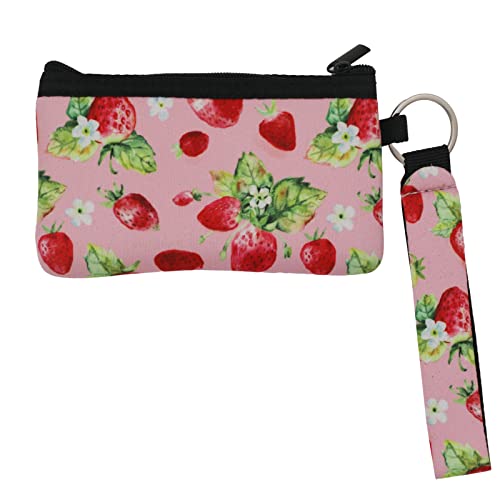 Roctocesy Women's Wallet with Interlayer Zip Id Case Wallet with Wristlet Lanyard Floral Print Key Coin Pouch (Strawberry+Palm Leaves)