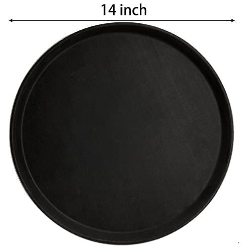 TOPZEA 4 Pack Plastic Server Tray, 14 Inch Round Serving Tray Restaurant Serving Tray Non-Slip Bar Tray Cafeteria Tray for Eating, Cafe Tray for Coffee Table, Black, with Non-Skid Rubber Lined