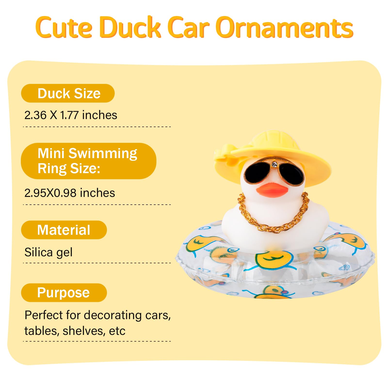 wonuu Diamond Glasses White Ducks Swim Ring Rubber Ducks with Mini Hat Necklace for Cars Dashboard Decorations Car Ornaments Duck Car Accessories