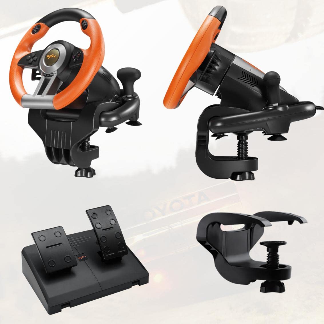 PXN V3II PC Racing Wheel, 180 Degree Universal Usb Car Sim Race Steering Wheel with Pedals and Shift Paddle Compatible with PS3, PS4, Xbox One,Xbox Series X/S,PC,Switch Orange (Christmas Gift Box)