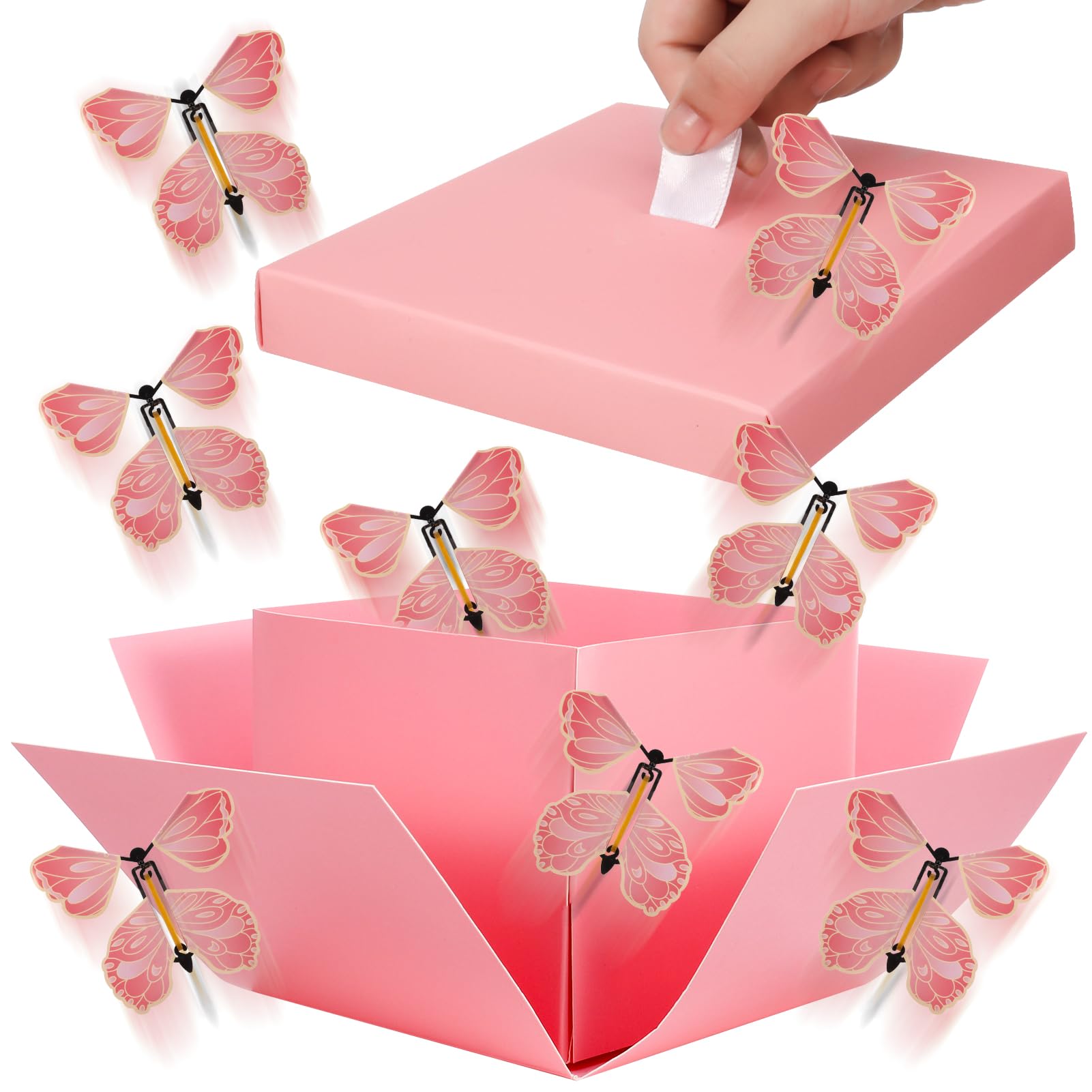 XLSXEXCL Butterfly Explosion Gift Box, Flying Butterfly Surprise Box, Exploding Butterfly Birthday Box with 8 Pcs Flying Butterfly Toy for Birthday, Wedding, Anniversaries, Christmas (Pink)
