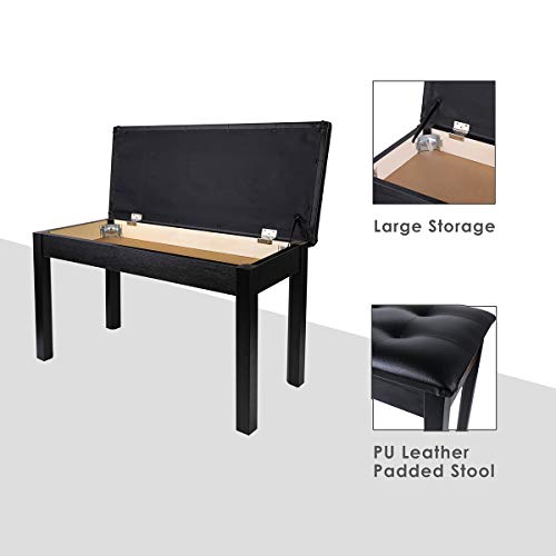 MU PU Leather Padded Piano Bench with Waterproof Cushion and Inner Solid Flip-Top Extra Music Storage for 2 People (Black)