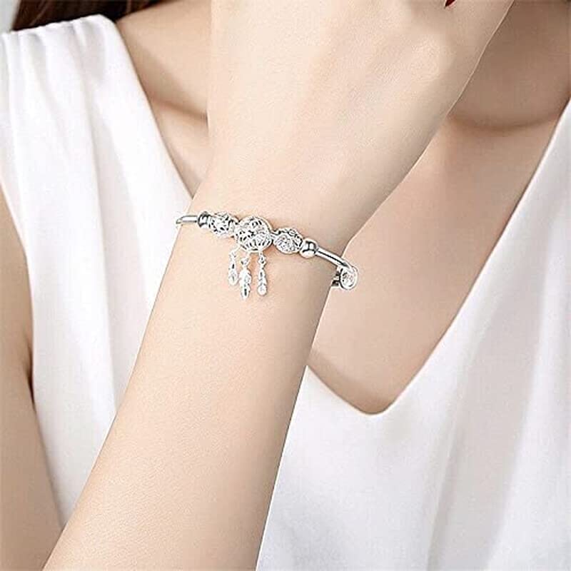 Ounmax Vintage Handmade 925 Sterling Silver Dream Catcher Bracelet Hand Bangle, Carved Adjustable Bangle Gift For Women in Birthdays, Anniversaries, Holidays And Other Special Occasions (Silver)