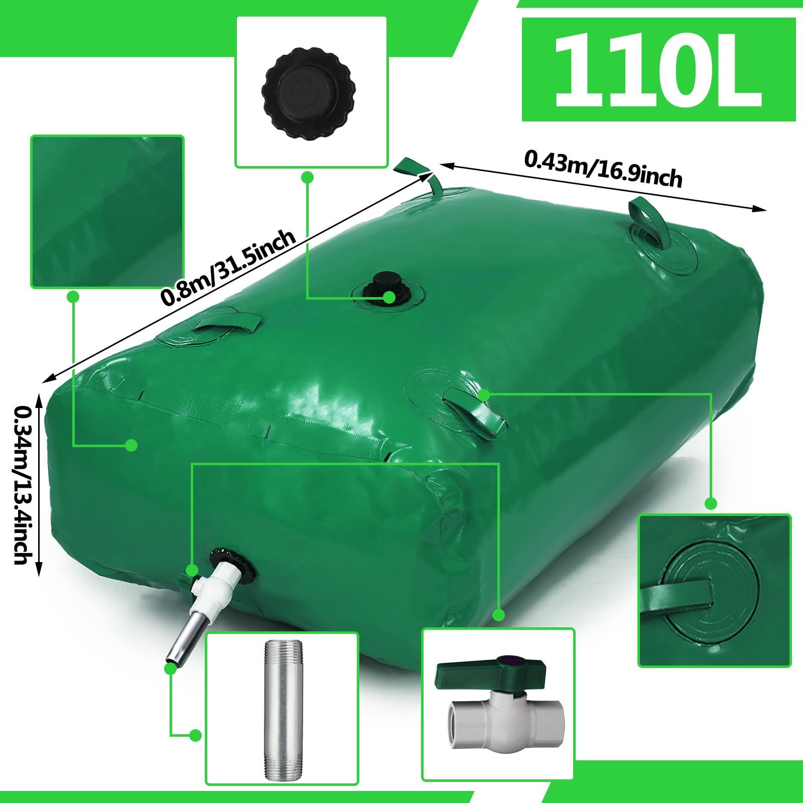 Large Capacity Water Tank Bladder Water Bladder Storage with Spigots Portable Water Container RV Truck Collapsible Rainwater Storage Bag for Camping Drought Fire Prevention Emergency Irrigation (110L)