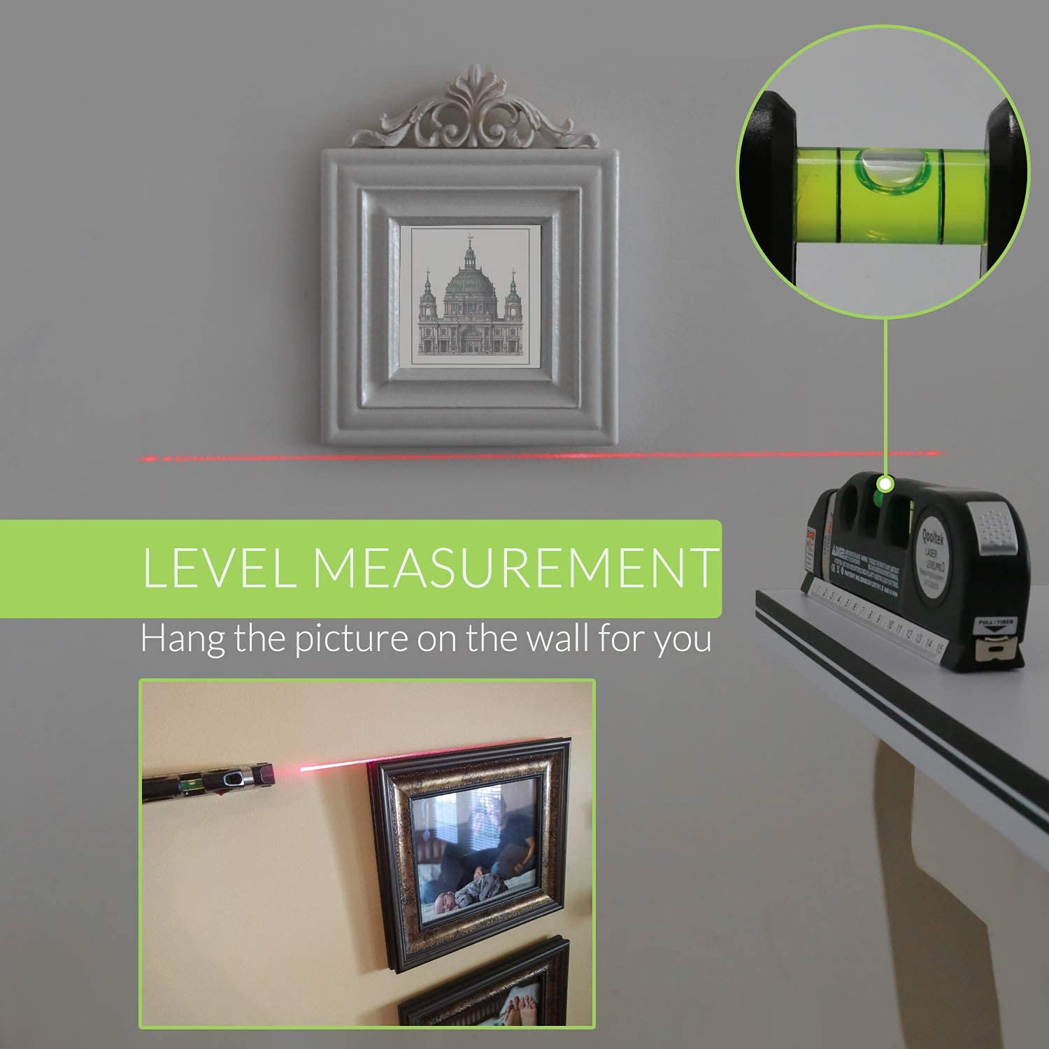 Qooltek Multipurpose Laser Level 8 feet Measure Tape Ruler Adjusted Standard and Metric Rulers for hanging pictures with Metal Tripod Stand